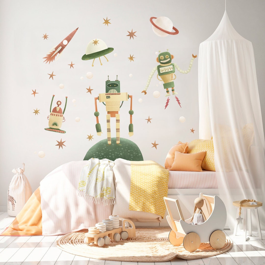 Robot Wall Decals – Vintage Space Stickers for Boys Room – Rocket, UFO ...