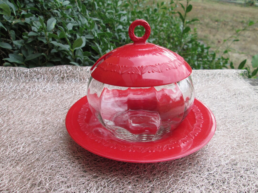 Jam pot rojo Jam pot Jam 50s Patrón en relieve True Vintage VTG de 3 ...