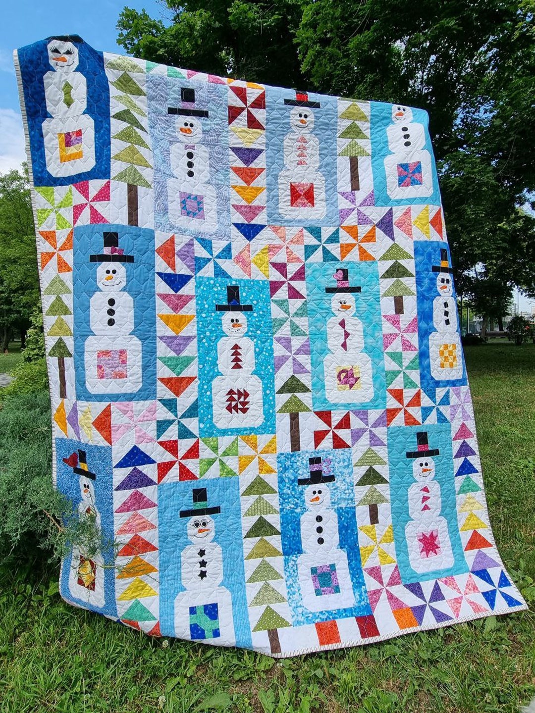 Full Size Snowman Sampler Quilt, Black Hat Snowman Gang, Handmade ...