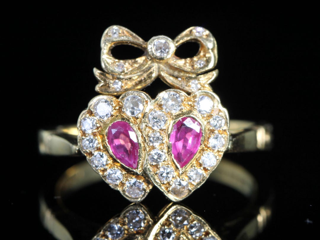 Vintage Ruby and Diamond Double Heart 18ct Gold Ring - Etsy