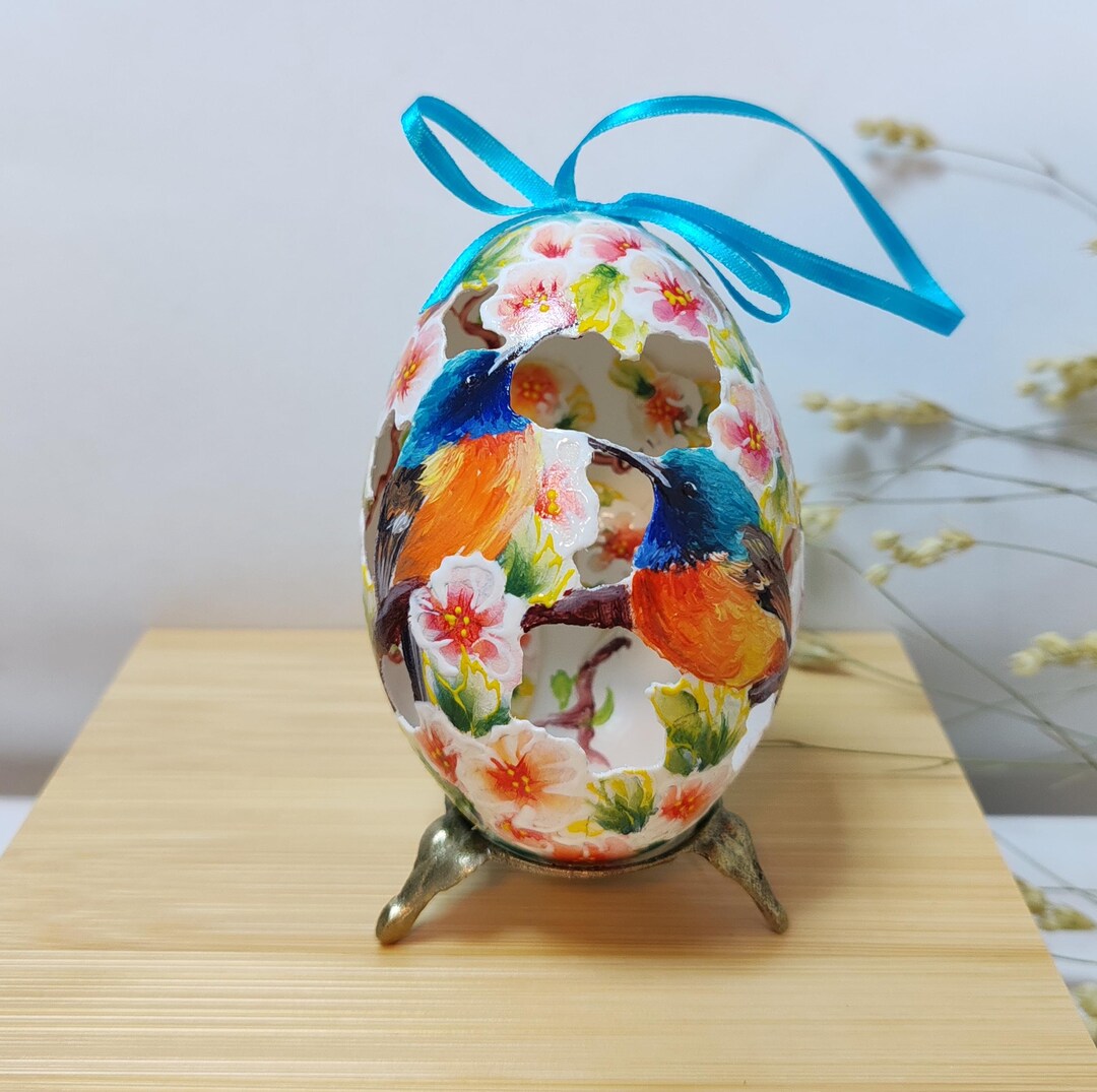Hand Painted and Carved Goose Egg Easter Egg Realistic Birds and Flowers Painted on an Eggshell ...