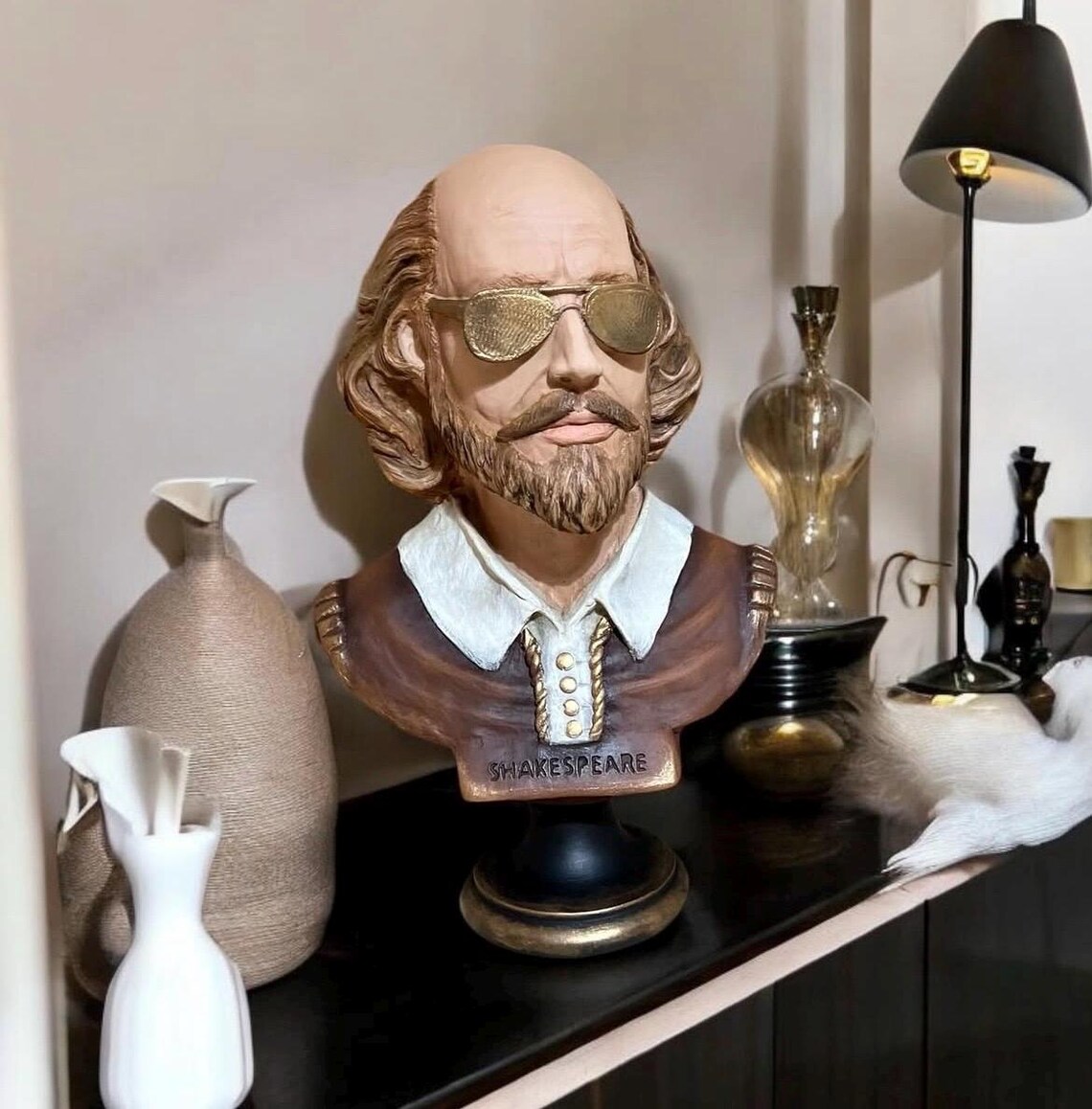 Shakespeare Bust Sculpture, Modern Literary Decor With Gold Sunglasses ...