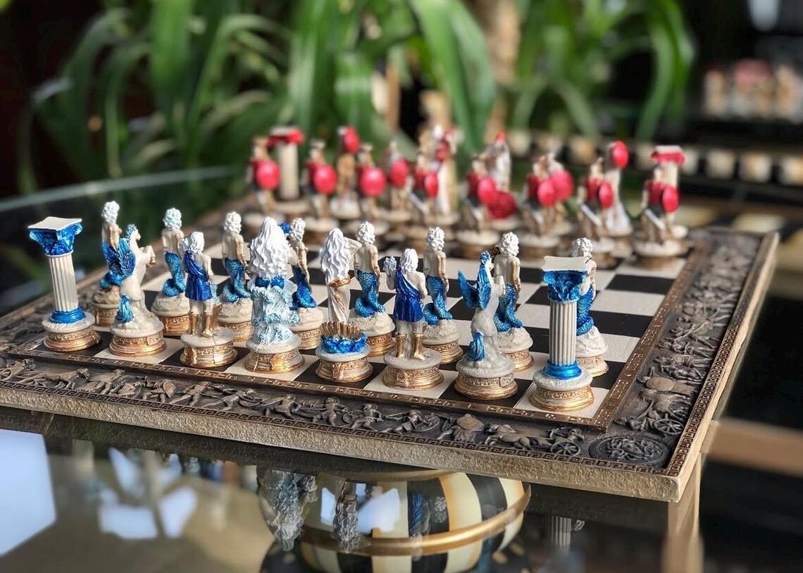 Handmade Greek Mythological Chess Set: Decorative Red & Blue Gold Board ...