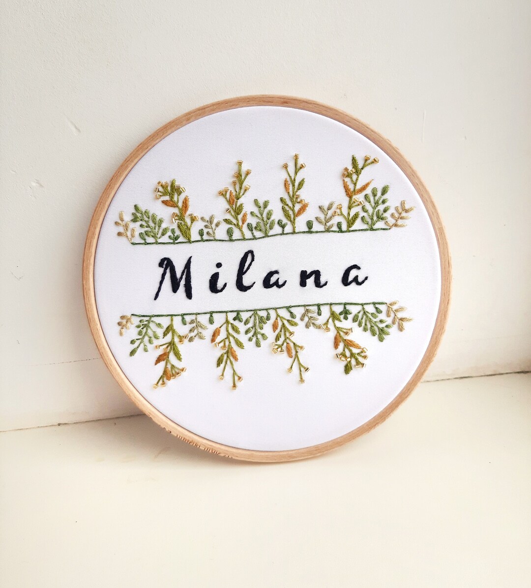 Personalized Baby Name Embroidery With Green Leaves Hoop Custom Name ...