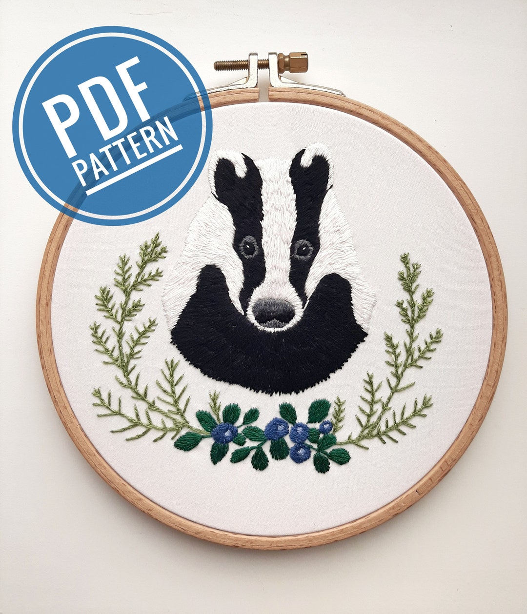 Badger Embroidery Pattern: Fern and Berries Design (PDF Download) - Etsy