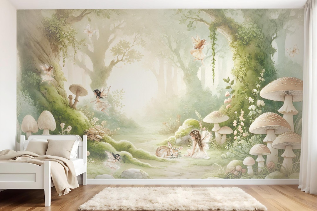 Tapete Feenwald Aquarell - Fototapete Kinderzimmer Wald Magisch Pastell ...