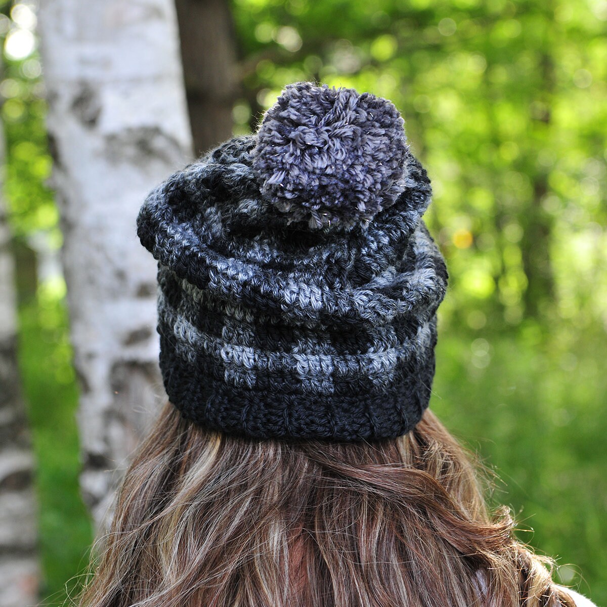 Plaid Slouch Hat Black and Grey Toque Acrylic Yarn | Etsy