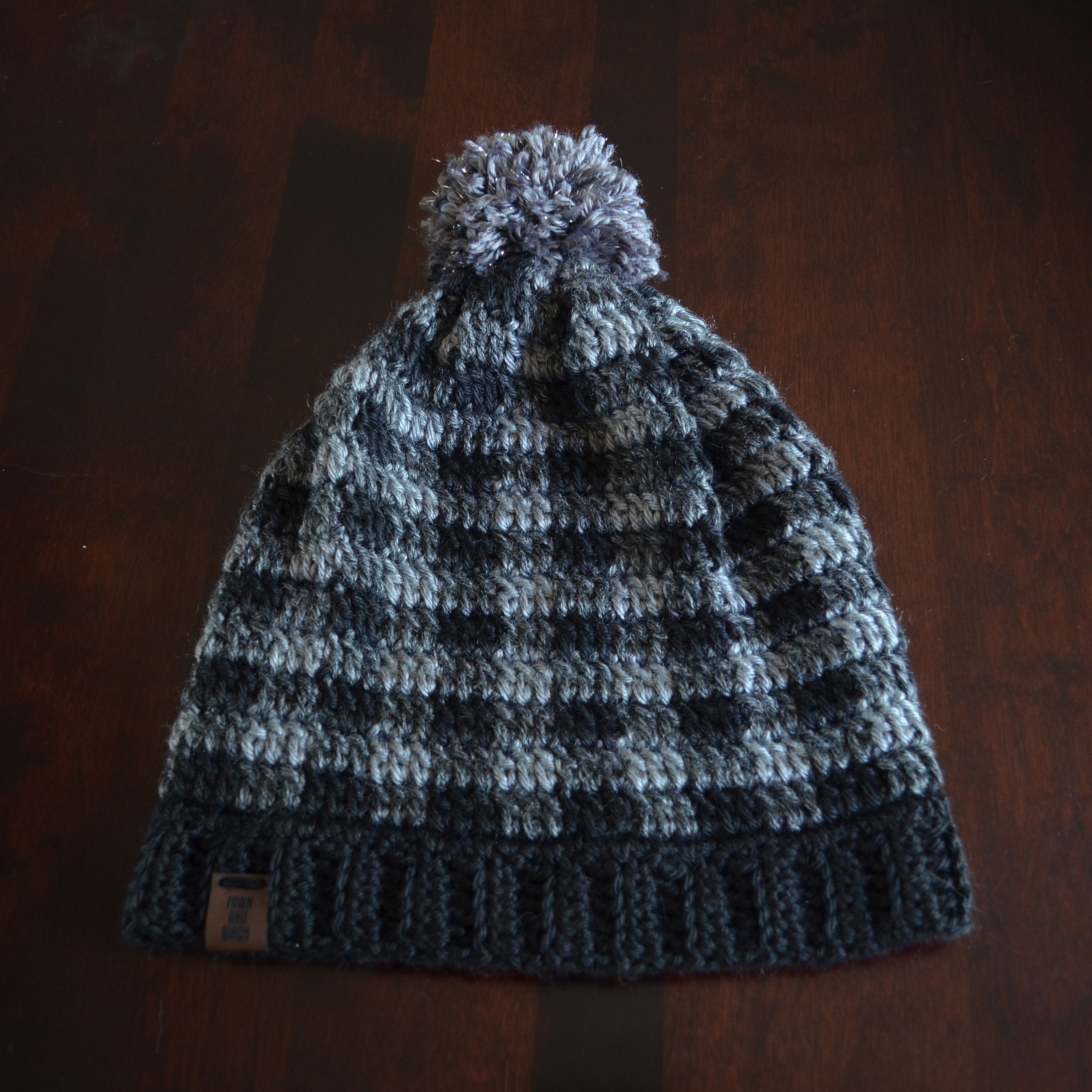 Plaid Slouch Hat Black and Grey Toque Acrylic Yarn | Etsy