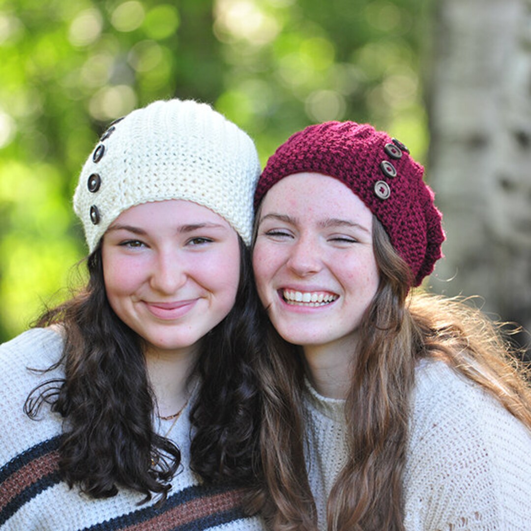 Cream Winter Hat, Slouch Hat With Buttons, Soft Acrylic Yarn, Ribbed ...