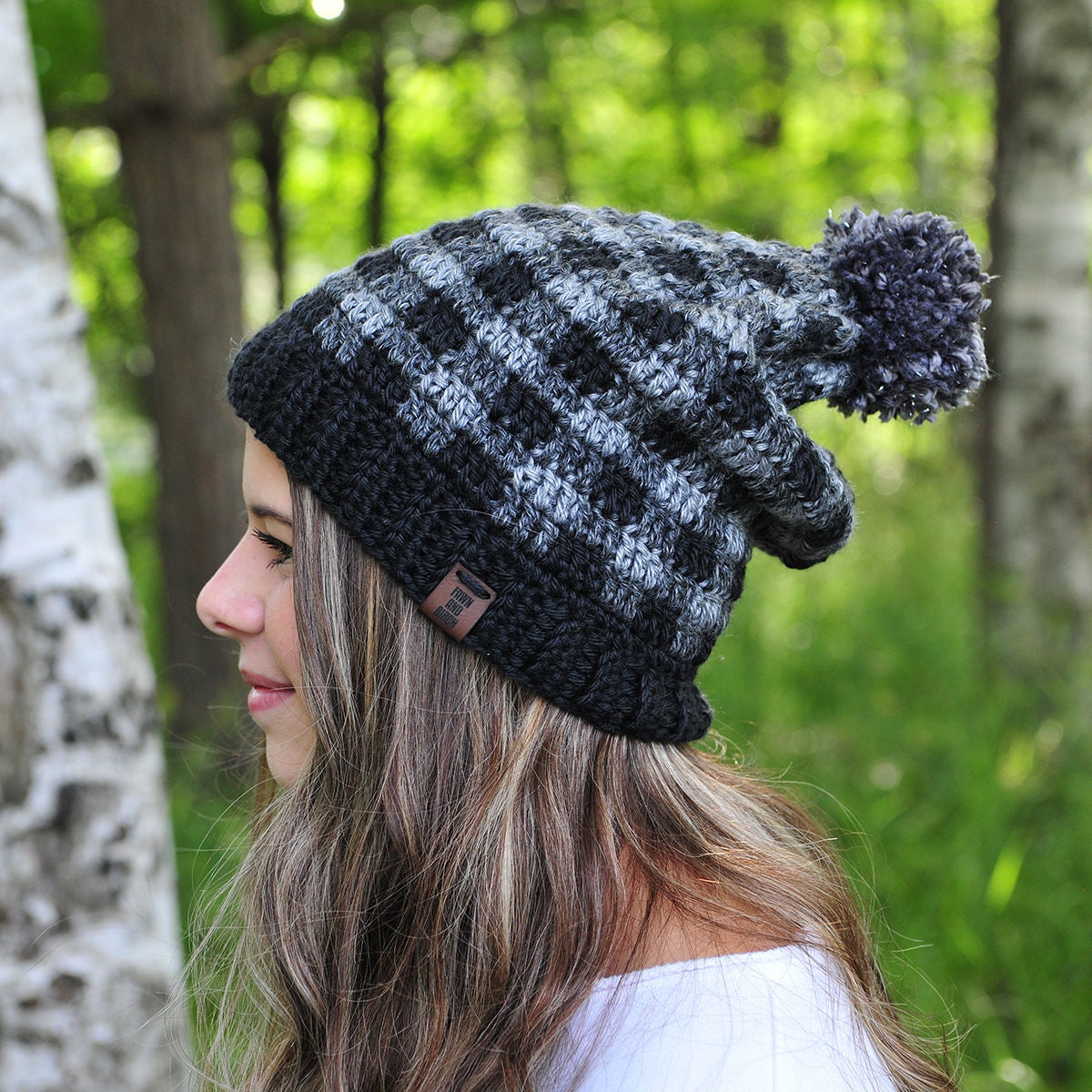 Buy Plaid Slouch Hat, Black and Grey Toque, Acrylic Yarn, Checkered ...