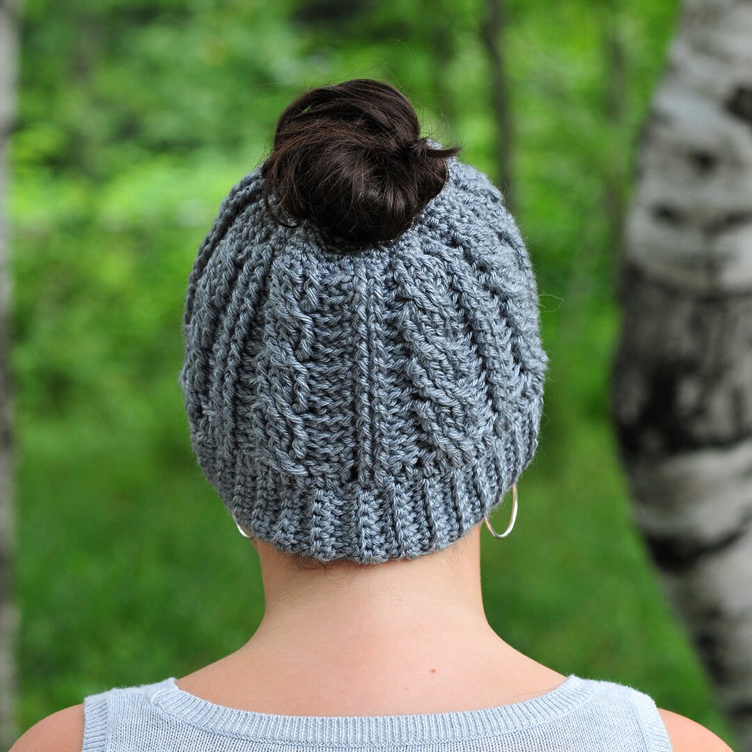 Grey Cable Knit Messy Bun Hat: Acrylic Crochet Beanie - Etsy