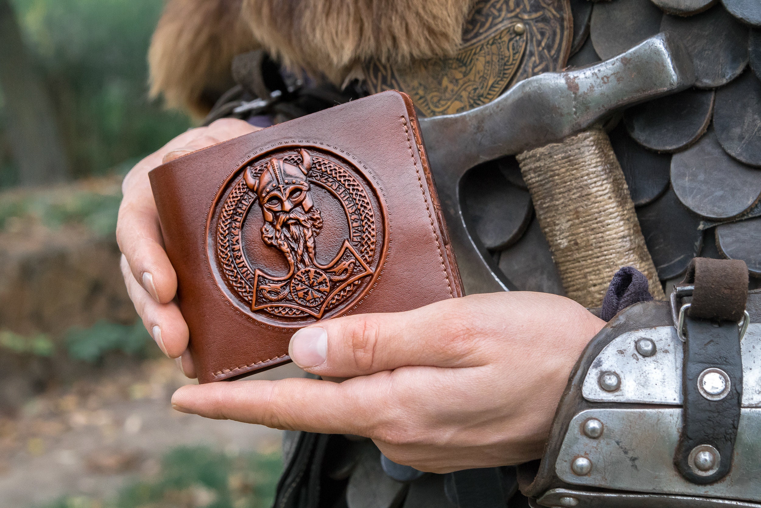 Viking Leather Wallet Vegvisir Mjolnir Thors Hammer Norse | Etsy