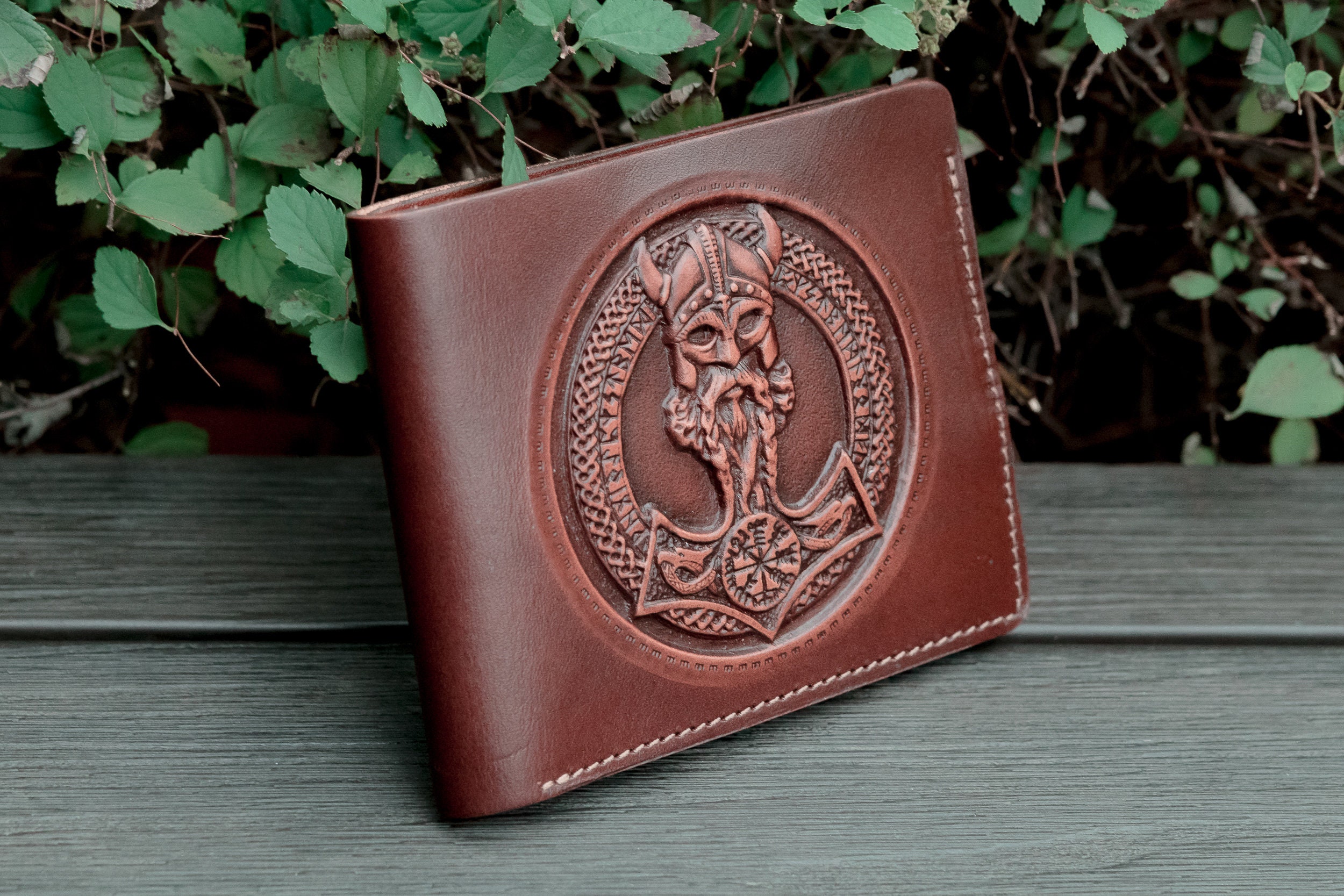 Viking Leather Wallet Vegvisir Mjolnir Thors Hammer Norse | Etsy