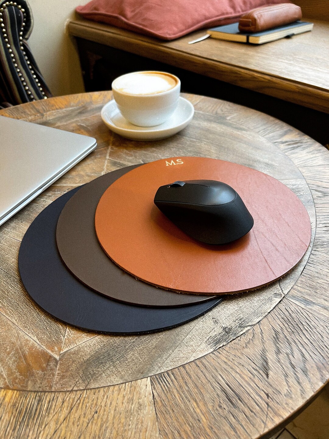 Custom Leather Circle Mousepad Personalized Mouse Pad Embossed Premium ...