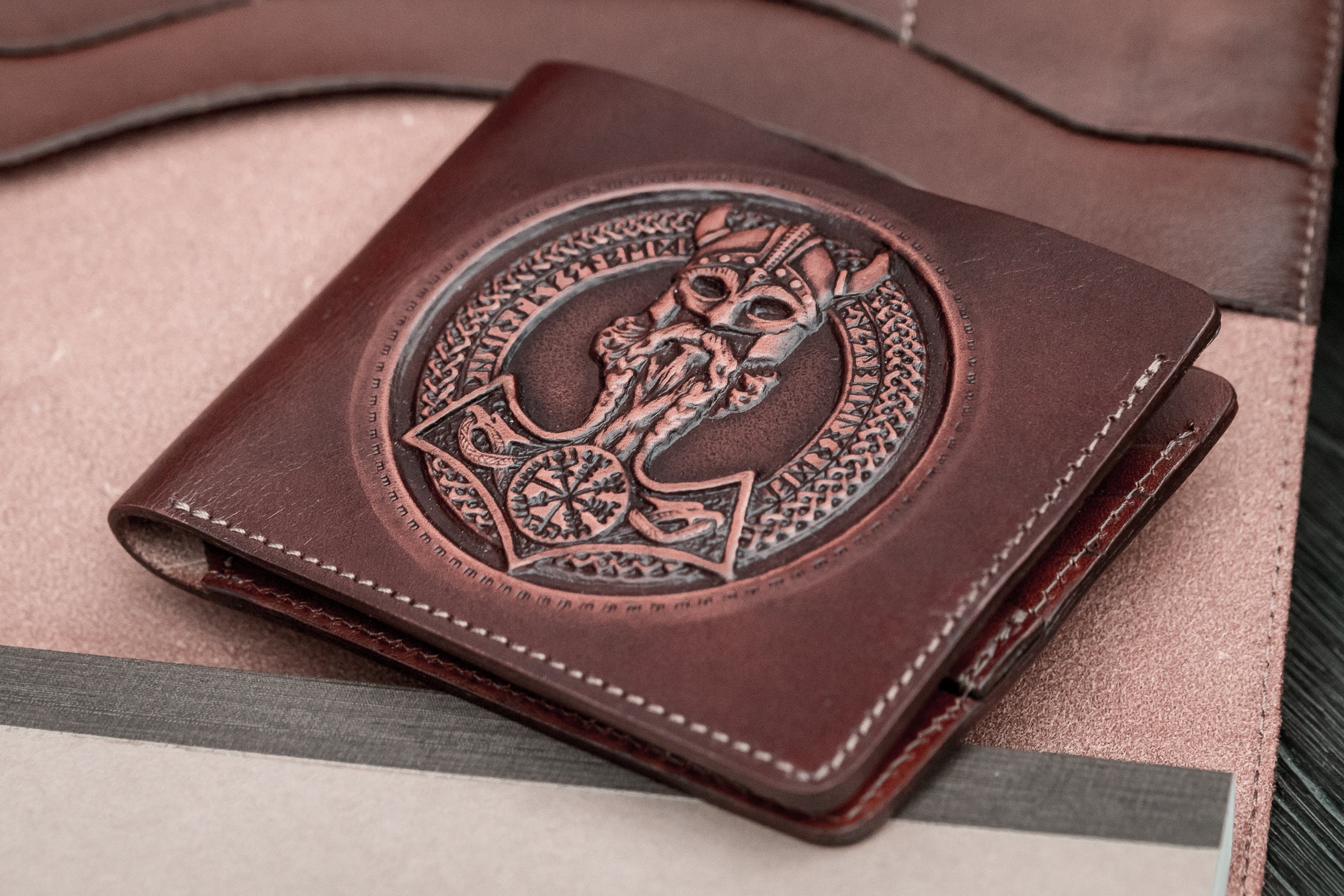 Viking Leather Wallet Vegvisir Mjolnir Thors Hammer Norse | Etsy