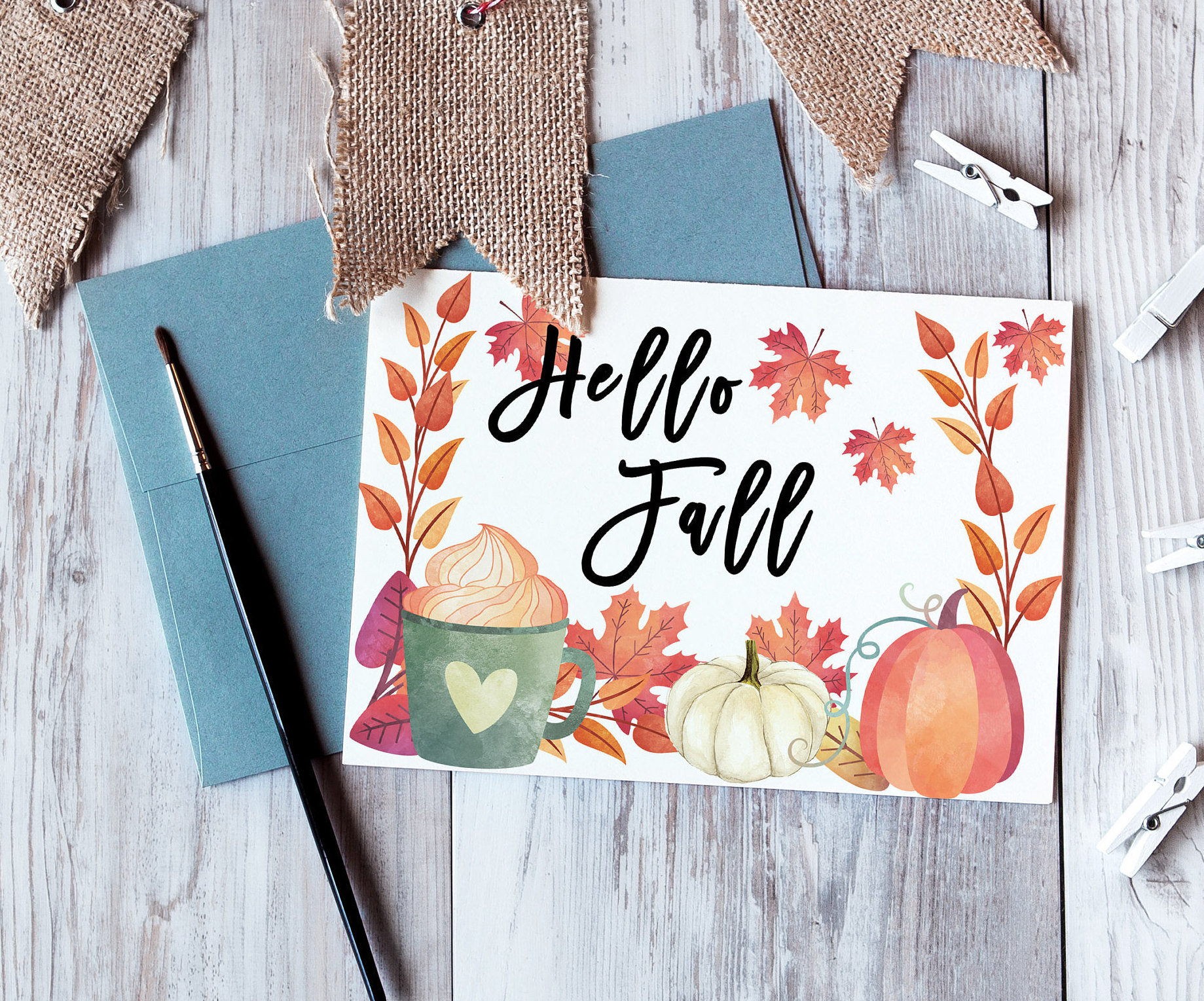 Hello Fall Printable Greeting Card Pumpkin Mocha Greeting - Etsy
