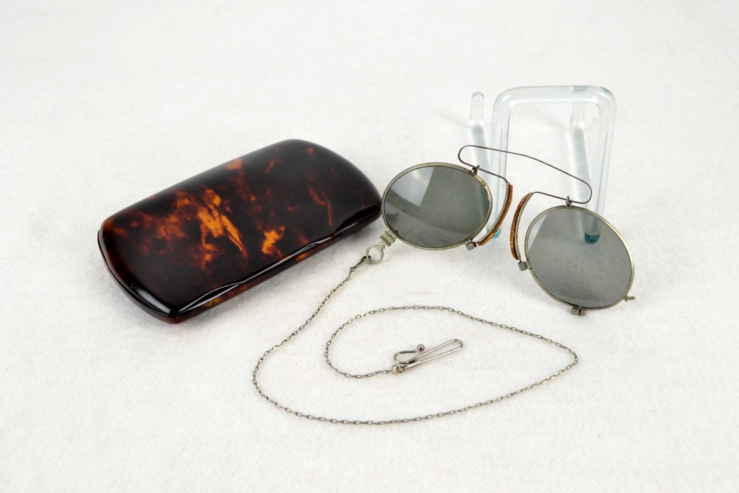 Rare Pince-nez Sunglasses With Chain and Case, Celluloid, Grey Tinted ...