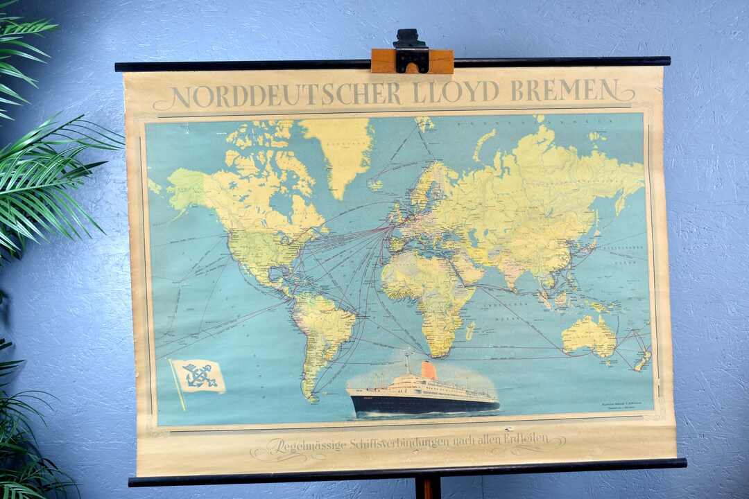 Roll-up Map North German Lloyd Bremen Ship World Map Ship Connections ...
