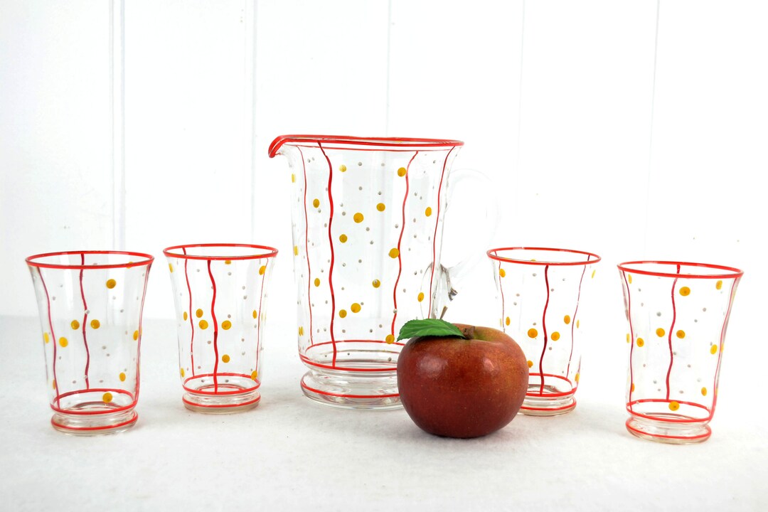 Pitcher + 4 Glasses, Mid-century Glass Pitcher, Water Pitcher, Hand ...