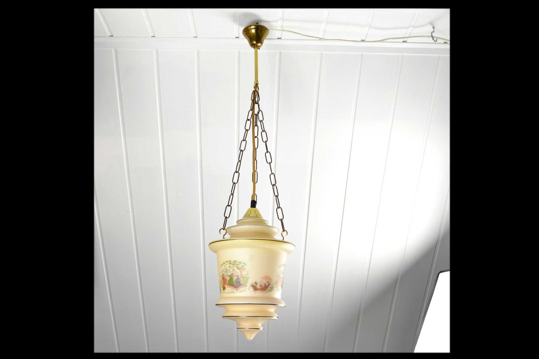 Art Deco Ceiling Lamp, Pagoda Design, Japanese Motif, Geisha, Glass ...