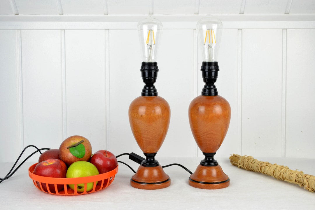 2 Table Lamps Solid Wood Base Cup Shape Lamp Table Lamp Design Vintage ...