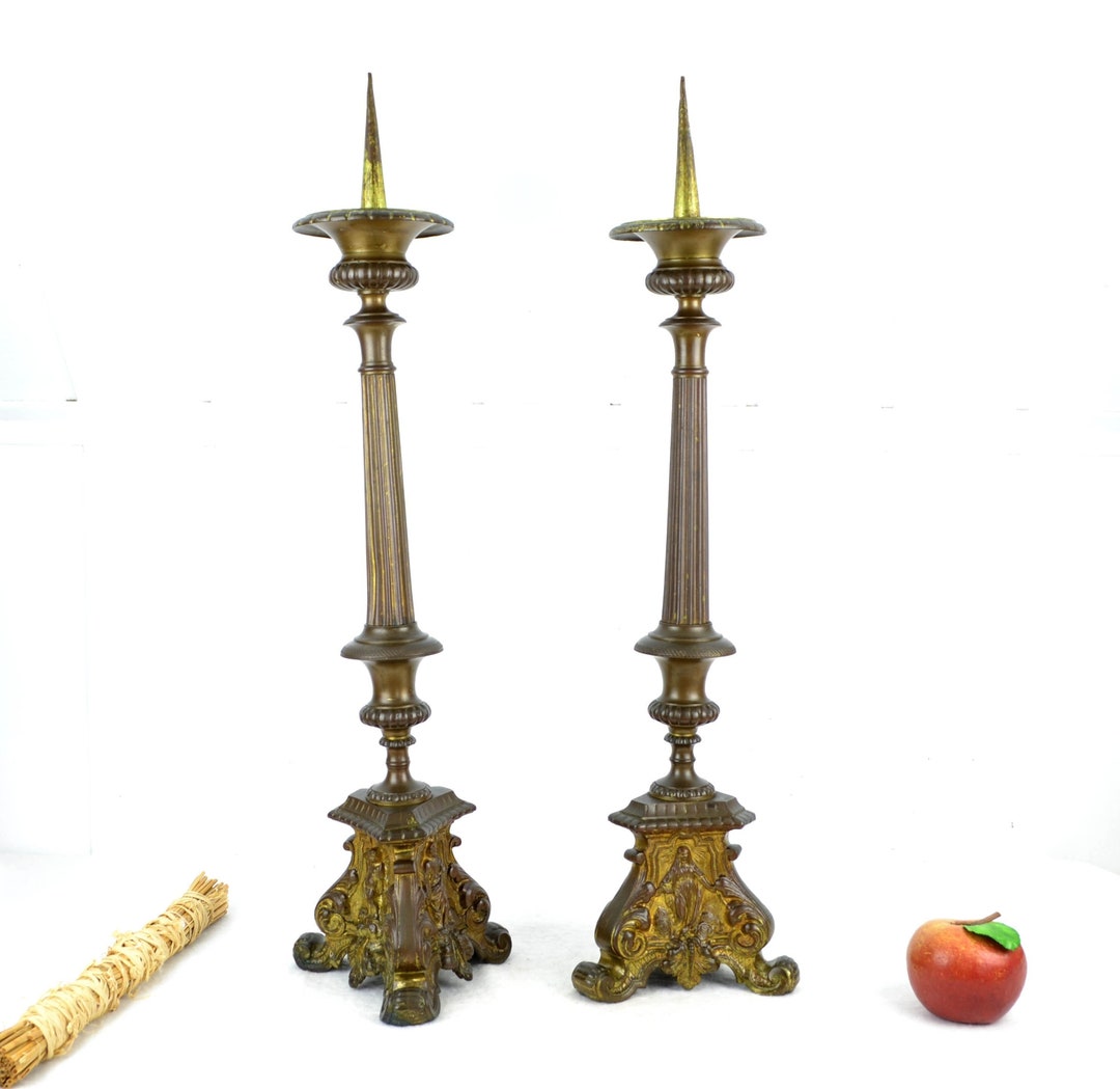 2 Sacral Bronze Candlesticks 1880 1900 Jesus Child Maria Josef Church ...