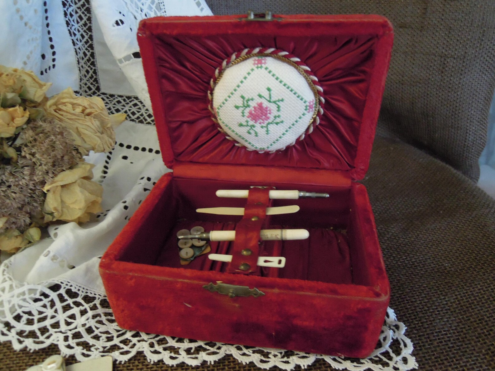 Victorian Sewing Box/antique Velvet Sewing Box/victorian Velvet Sewing ...