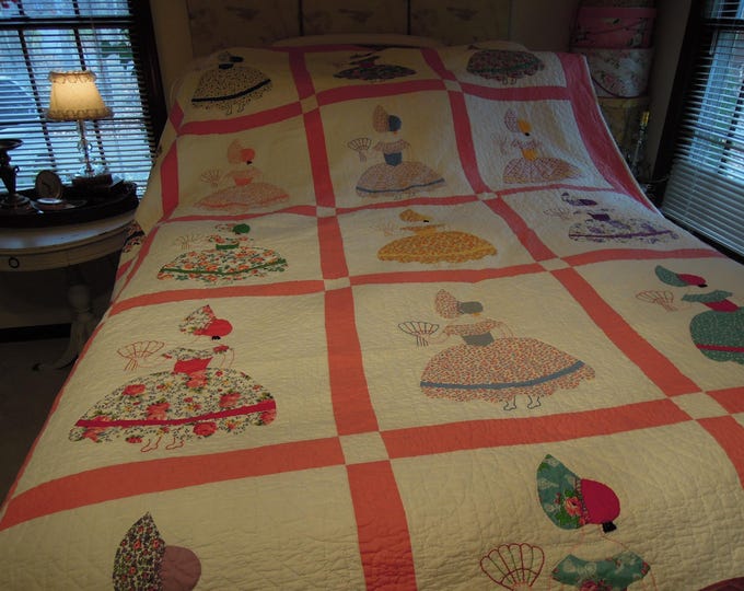Vintage Sue Bonnet Quilt/ Hand Quilted Sue Bonnet/vintage Hand-made ...