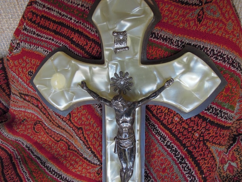 Vintage Italian Crucifix: Faux Mother of Pearl Lucite Cross, Brass ...