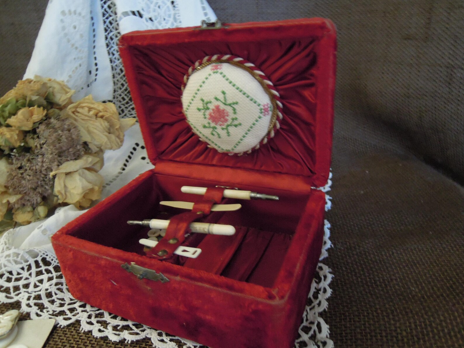 Victorian Sewing Box/antique Velvet Sewing Box/victorian Velvet Sewing ...