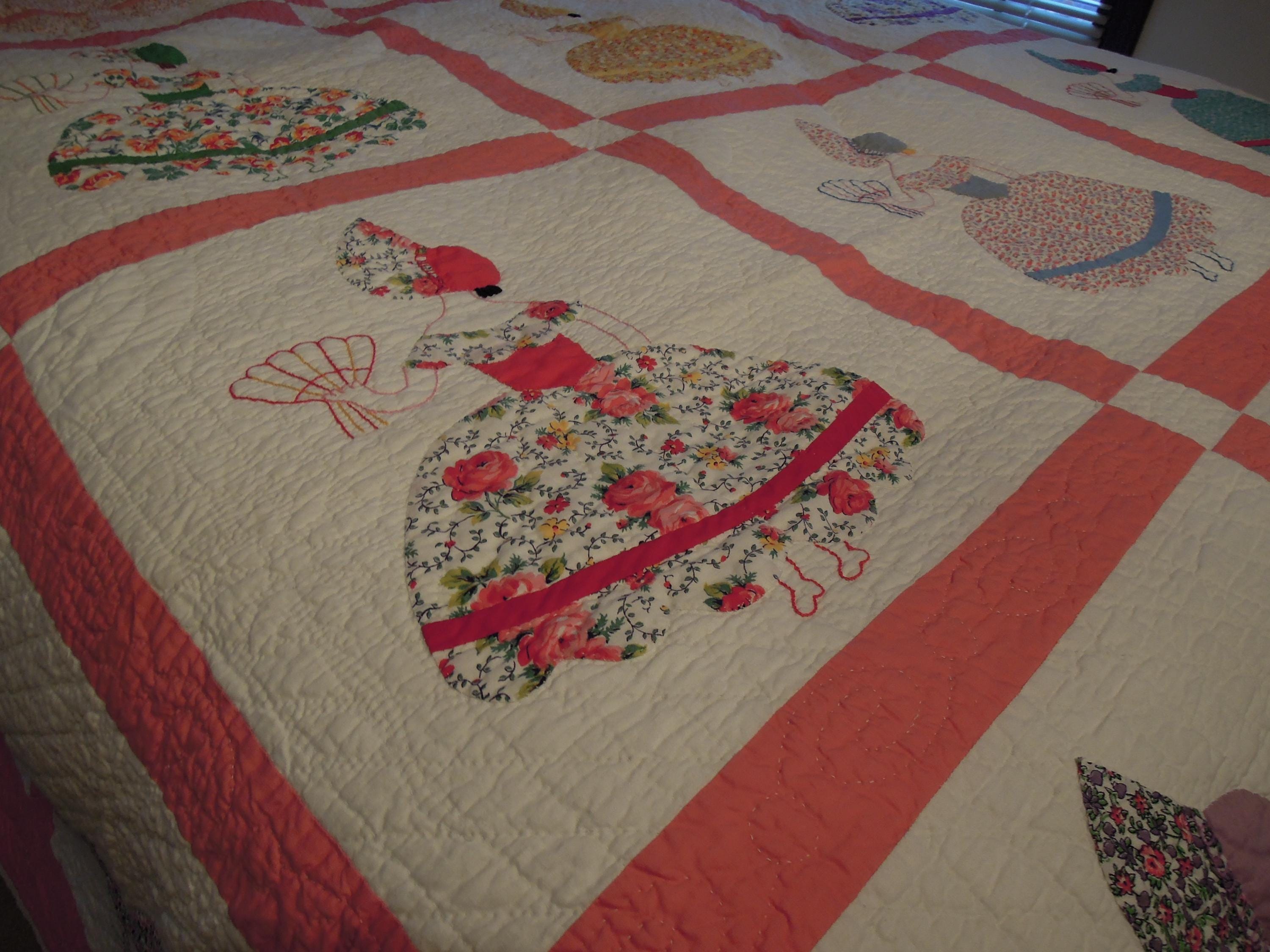Vintage Sue Bonnet Quilt/ Hand Quilted Sue Bonnet/vintage Hand-made ...