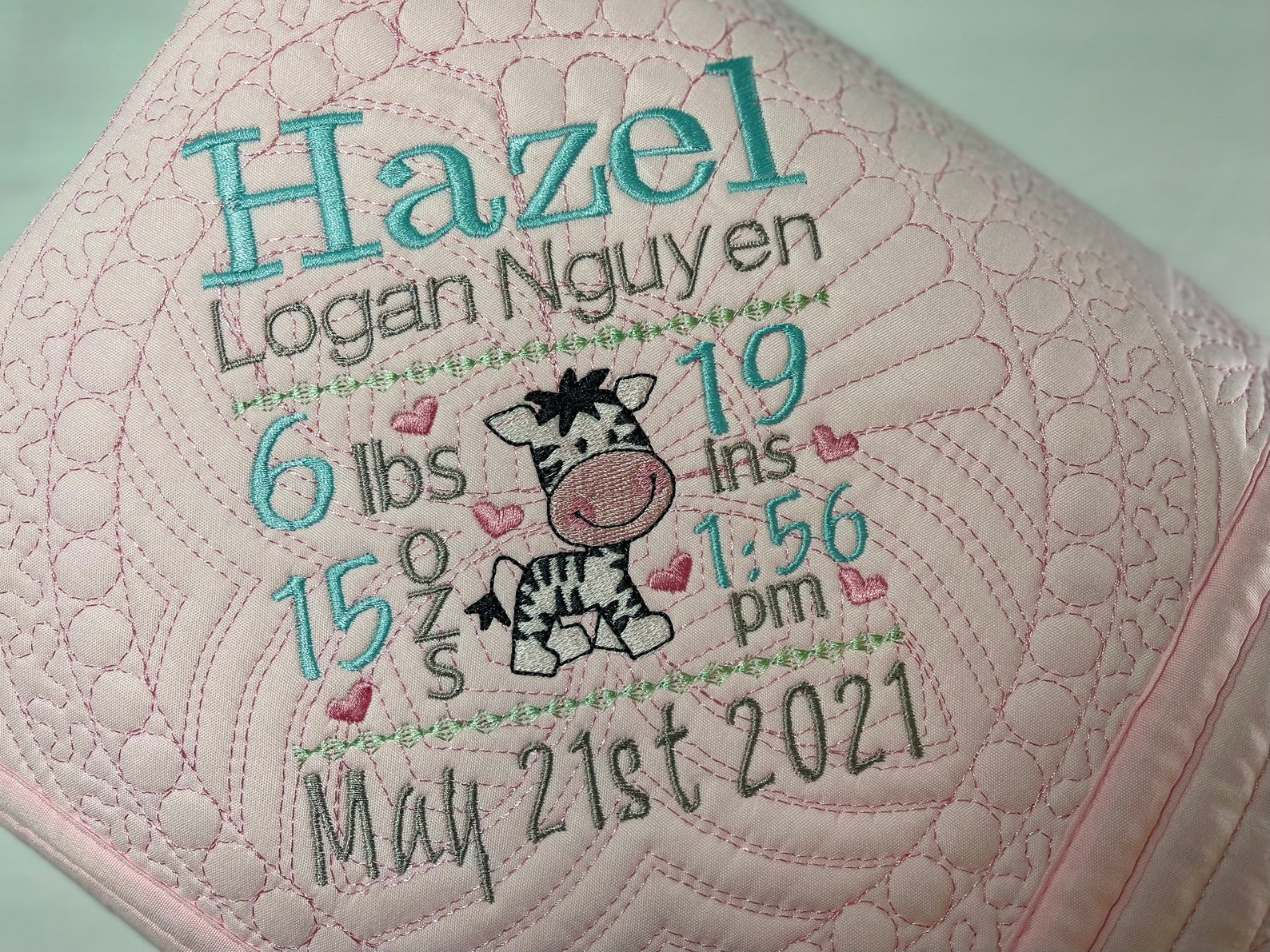 Personalized Baby Girl Zebra Quilt Blanket Birth Statistic - Etsy