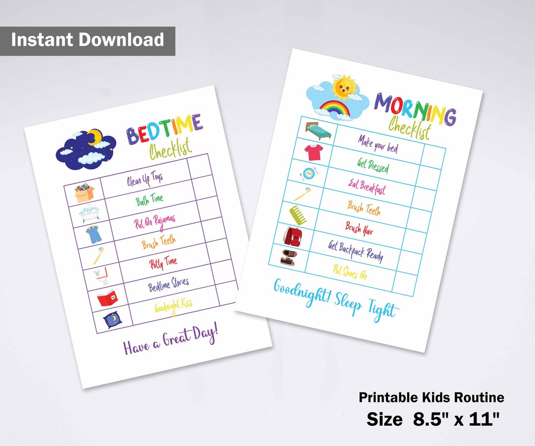 Kids Morning & Bedtime Checklist Printable, Kid Routine Chart, Kid ...