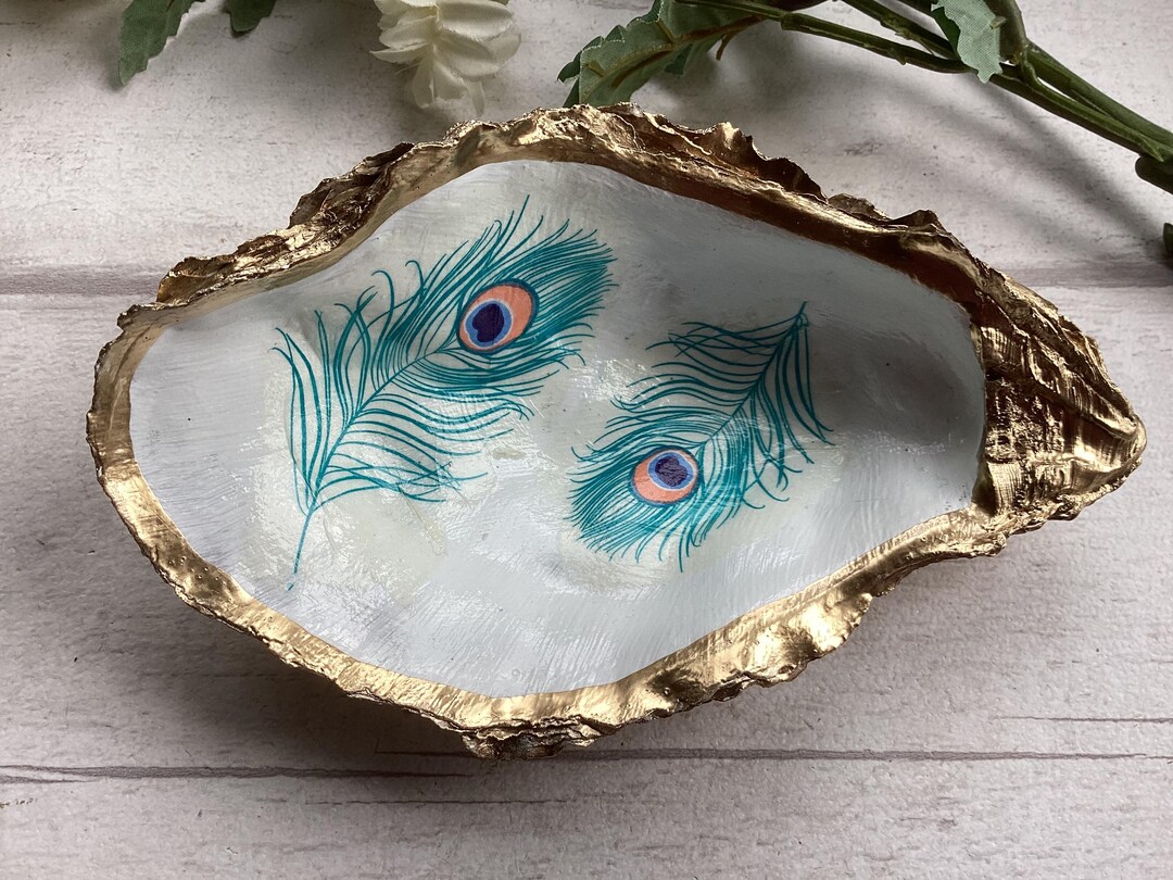 Extra Large Peacock Feathers Design Ornament Oyster Shell. Gold Gilded ...