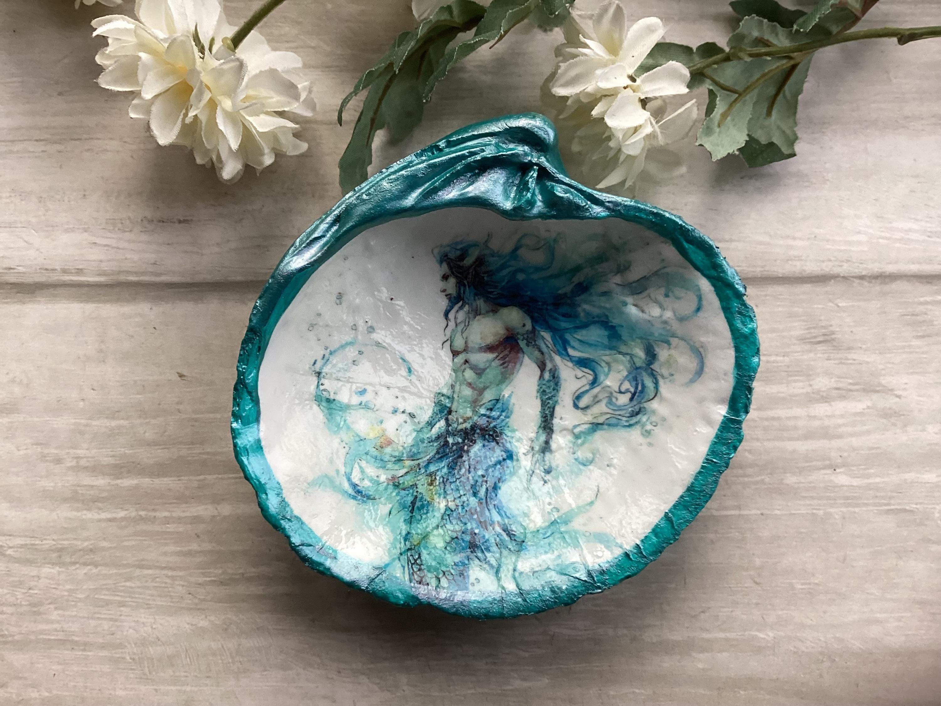 Decoupaged Clam Shell. Merman Gift. Teal Ring Dish. - Etsy