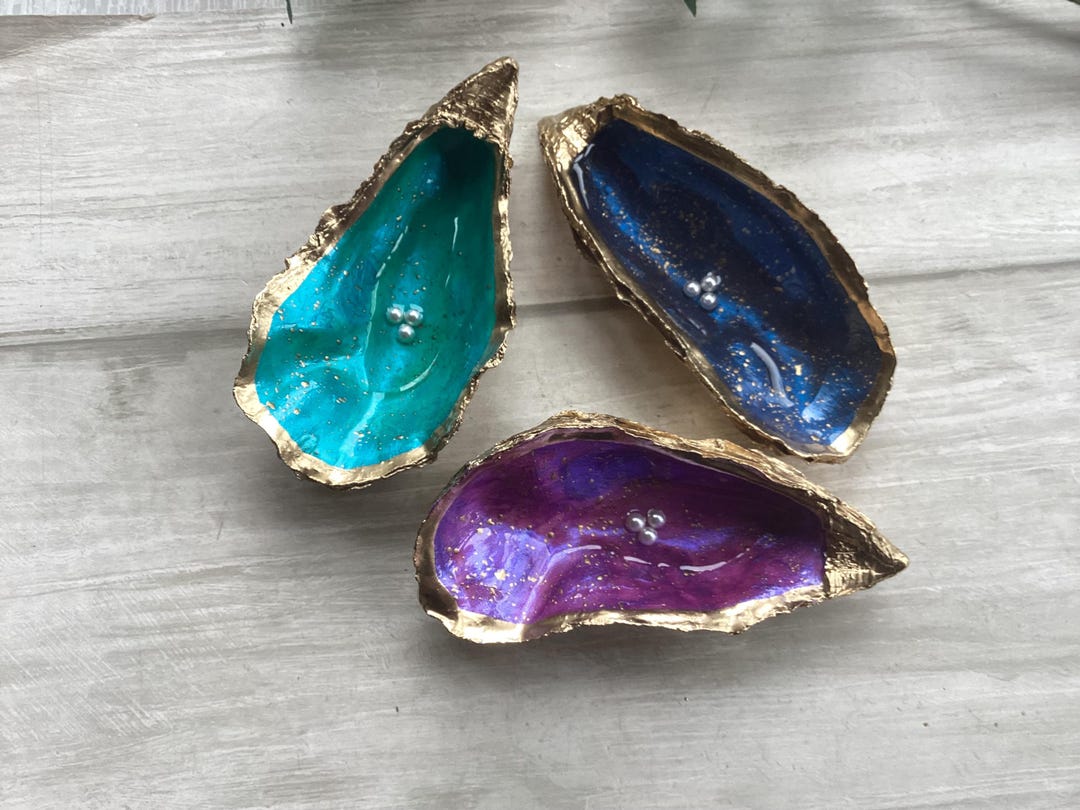 Gold Gilded Oyster Shell Trinket Dishes: Iridescent Purple, Turquoise ...