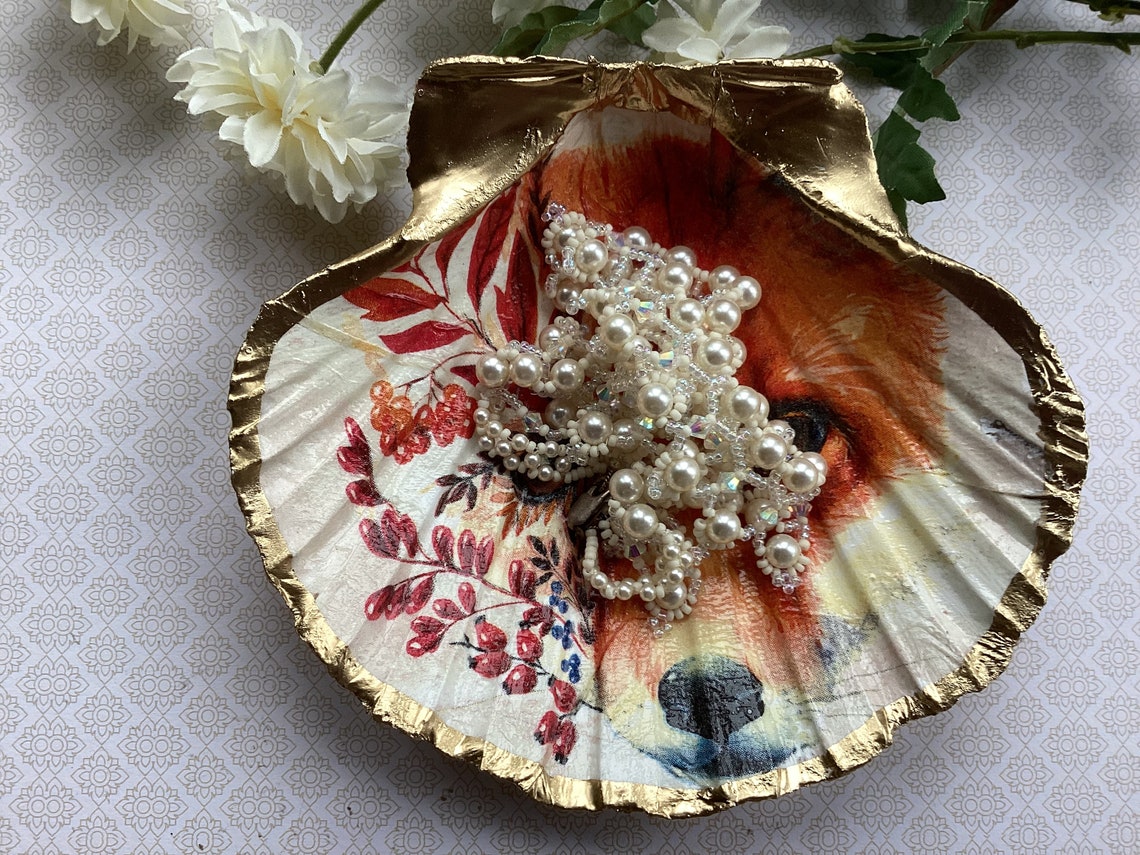 Sly Fox Shell Jewellery Dish. Gold Jewellery Dish. Potpourri Dish. Fox ...