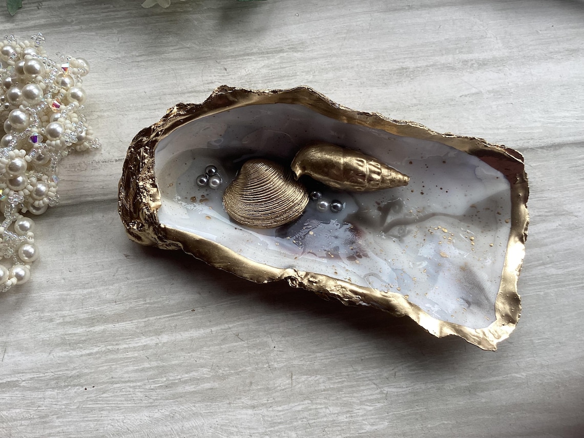 Extra Large Black, White, and Gold Oyster Shell Ornament. Unique Gilded ...