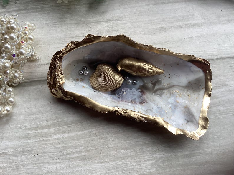 Extra Large Black, White, and Gold Oyster Shell Ornament. Unique Gilded ...