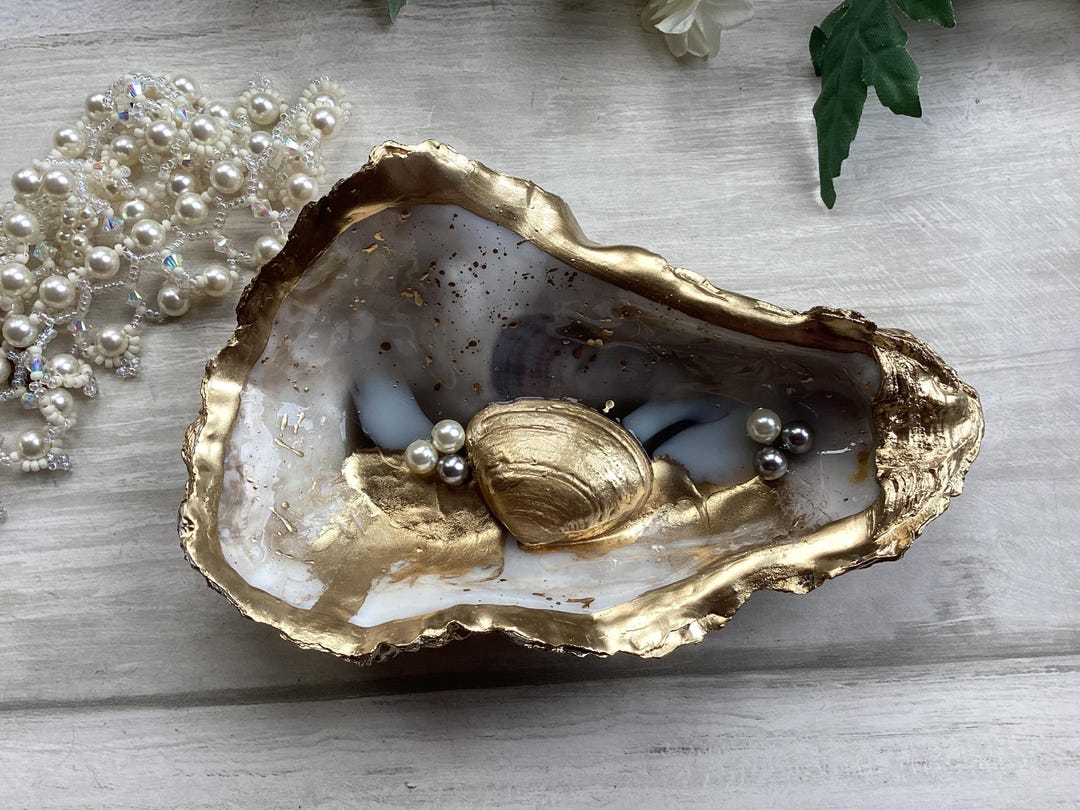 Extra Large Black, White, and Gold Oyster Shell Ornament. Unique Gilded ...