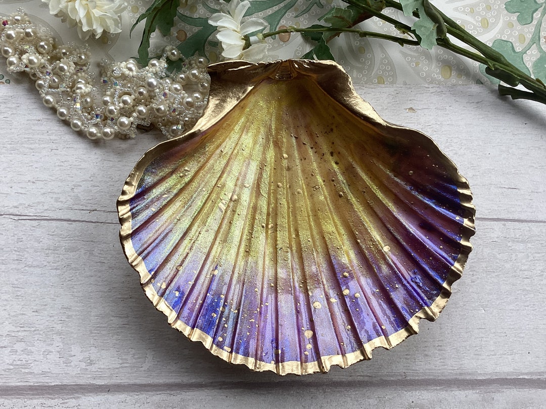 XL Yellow and Purple Scallop Shell Ornament. Gold Gilded Trinket Dish ...