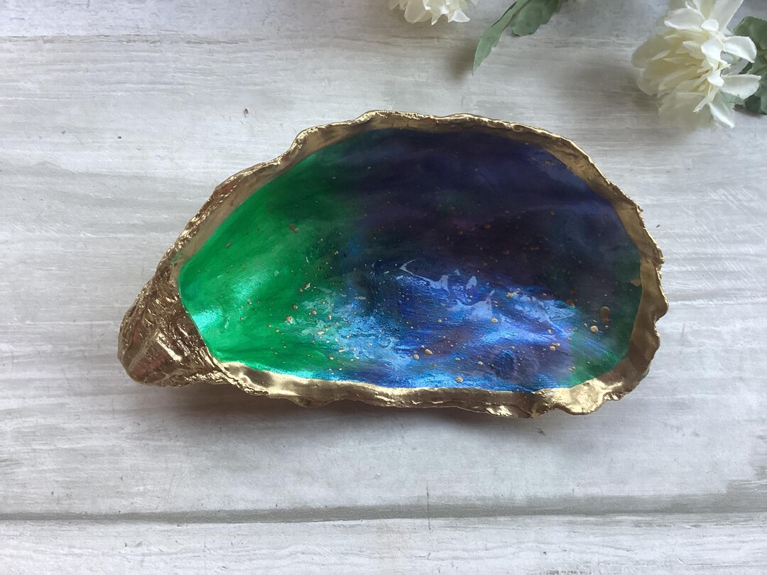 Gold Gilded Oyster Shell Trinket Dish: Midnight Blue & Green Iridescent ...