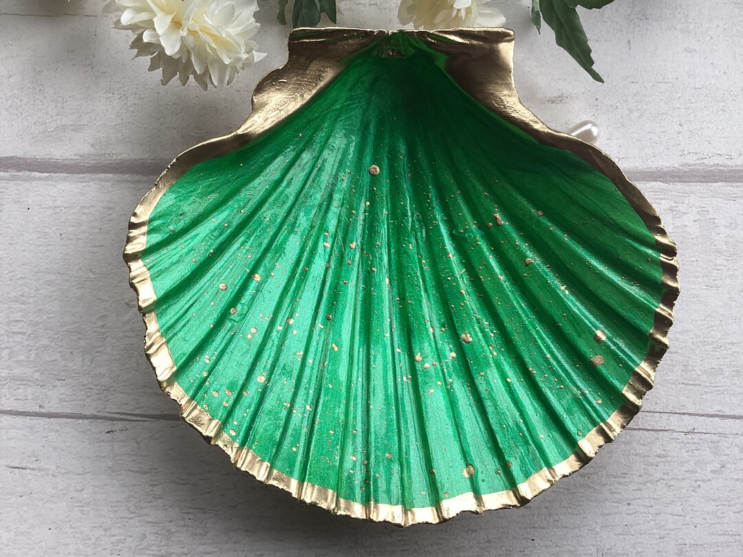 XL Green Scallop Shell Ornament. Gold Gilded Trinket Dish. Handmade ...