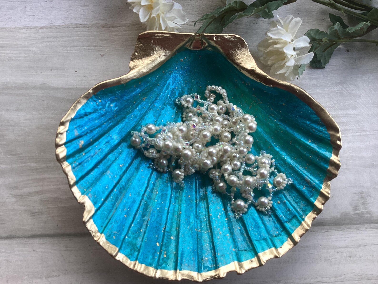 Handmade Teal Scallop Shell Trinket Dish: Gold Gilded Keepsake - Etsy