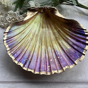 XL Yellow and Purple Scallop Shell Ornament. Gold Gilded Trinket Dish ...