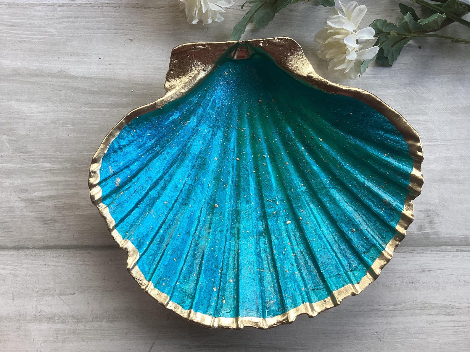 Handmade Teal Scallop Shell Trinket Dish: Gold Gilded Keepsake - Etsy