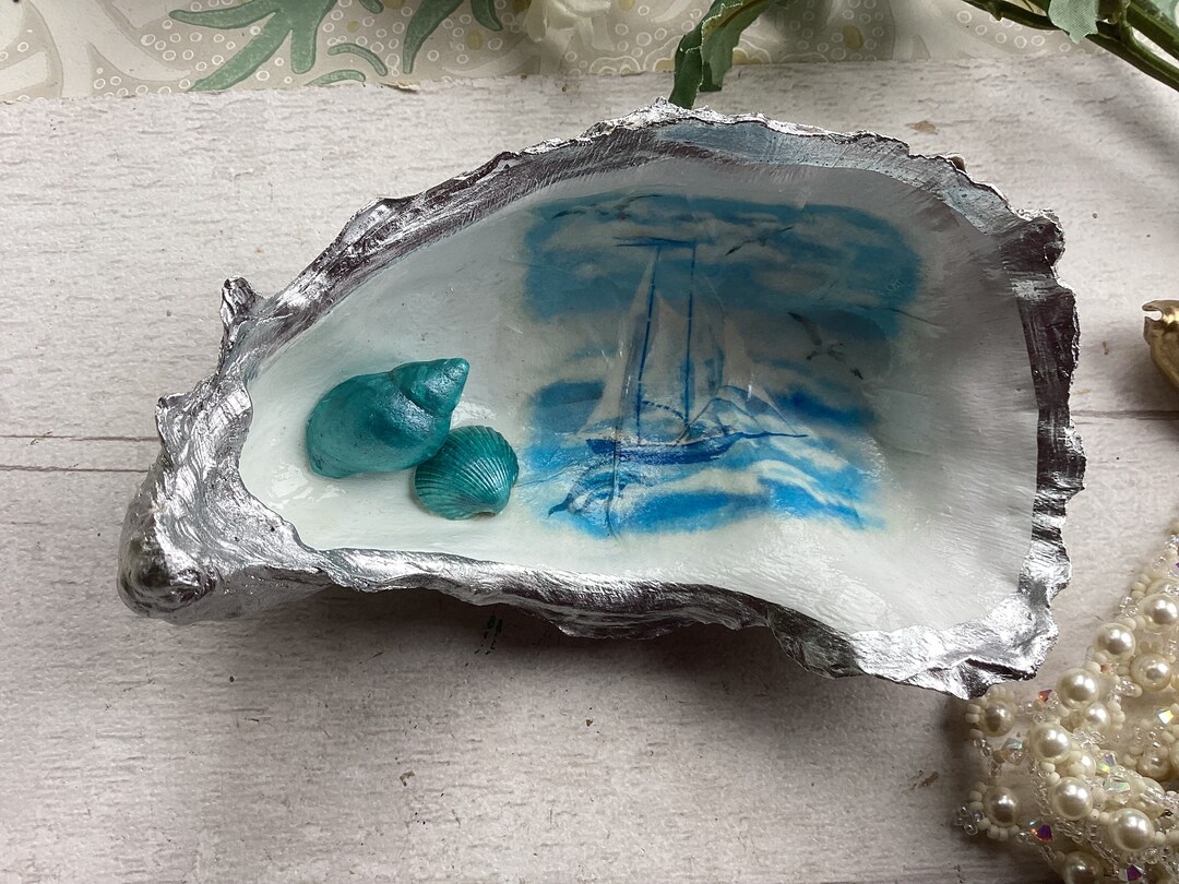 Large Oyster Shell Ornament. Blue Shell Gifts. Ship Gifts. Silver ...