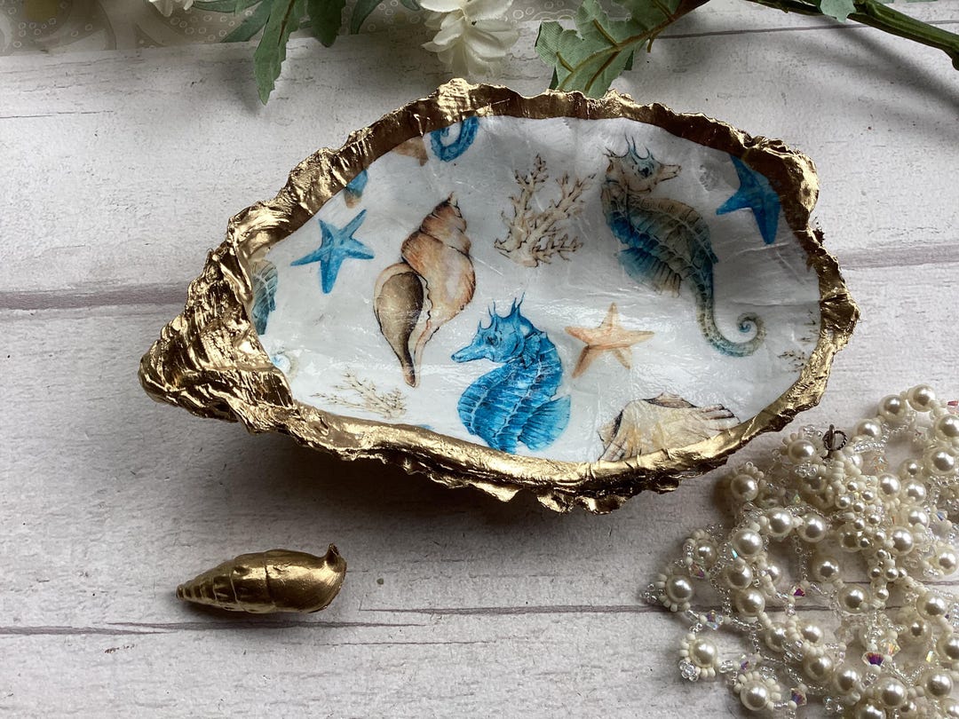 XL Seahorse Design Ornament Oyster Shell. Gold Gilded Decoupaged Oyster ...