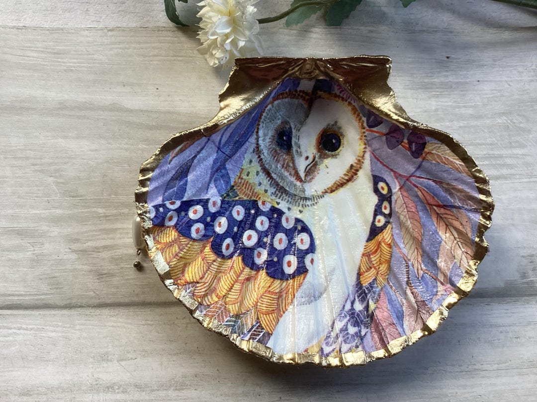 Decoupage Owl Shell Jewelry Dish: Gold Leaf Trinket Holder - Etsy