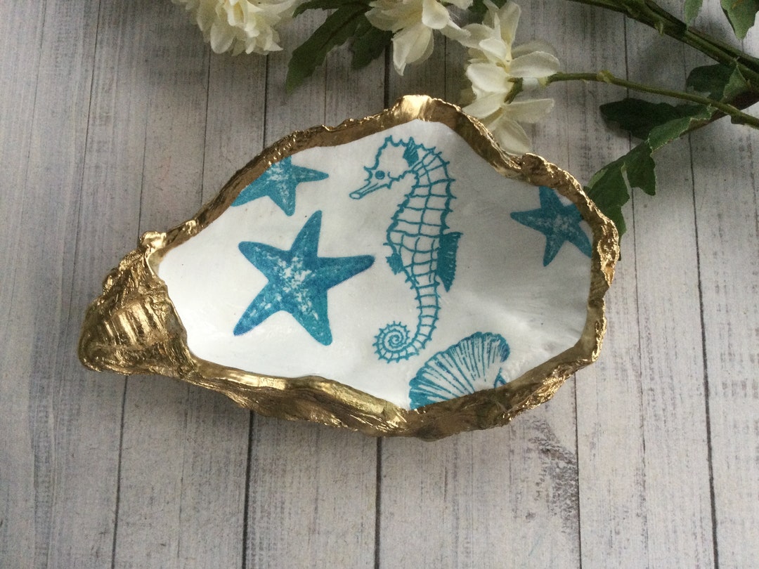XL Seahorse Design Ornament Oyster Shell. Gold Gilded Decoupaged Oyster ...
